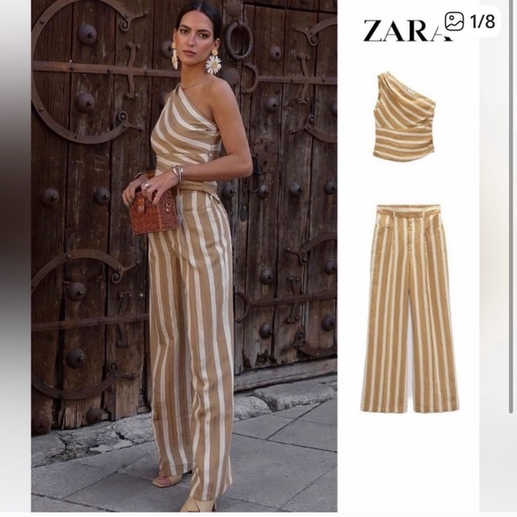 Zara | Pants & Jumpsuits | Zara Beige And White Striped Wide Leg Set ...